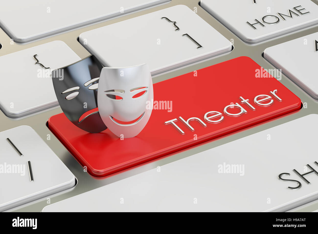 Theatre concept. Tragicomic theater masks on red keyboard button, 3D ...
