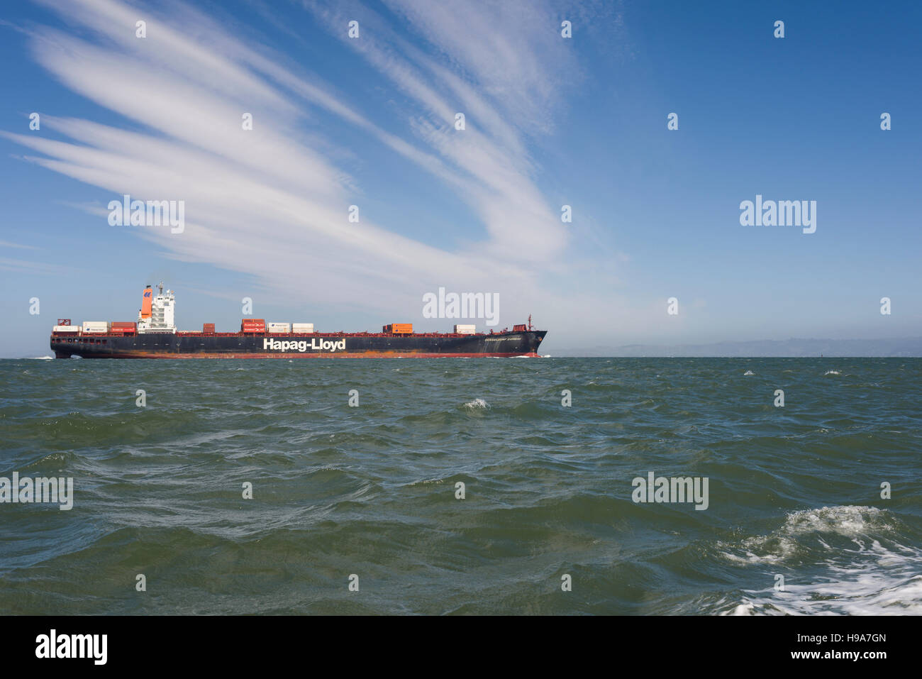 Low angle view of container ship in San Francisco Bay, California Stock ...