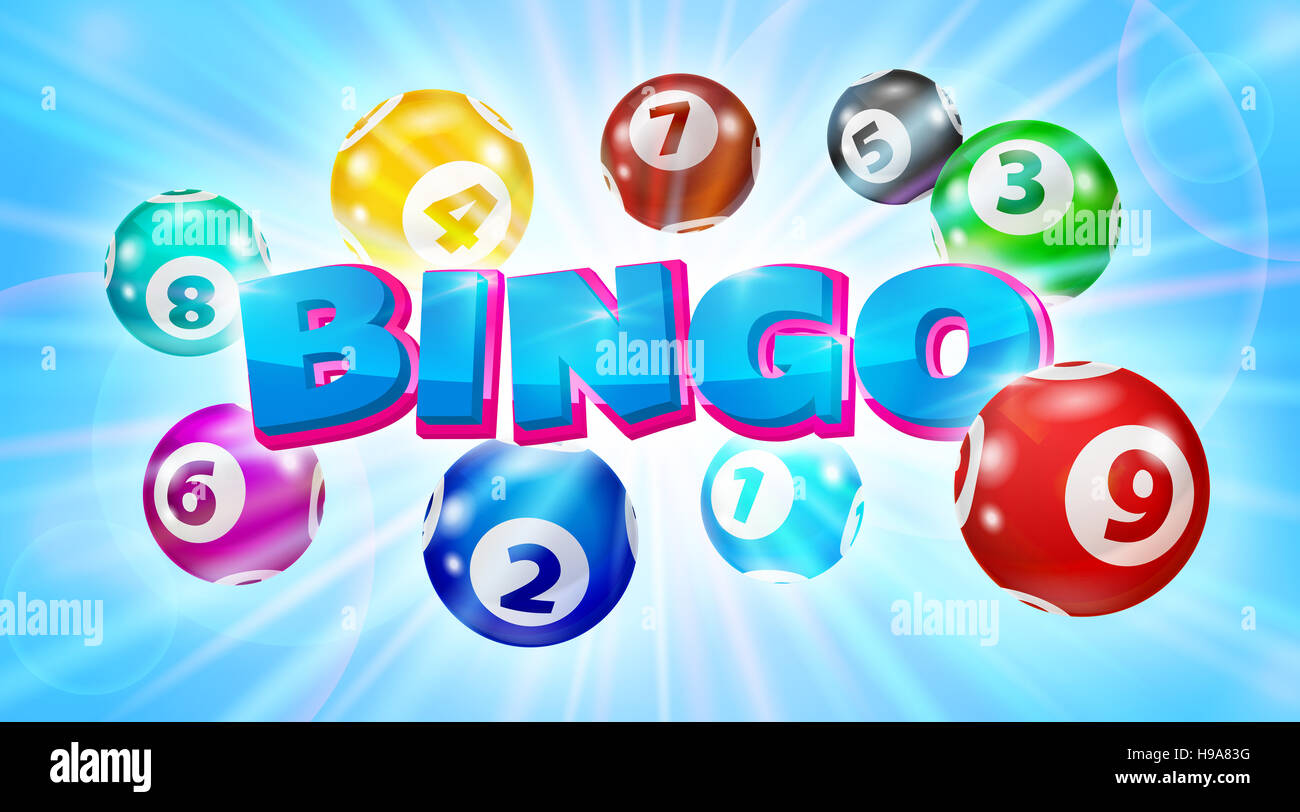Lotto balls around the word Bingo glowing blue background Stock Photo ...
