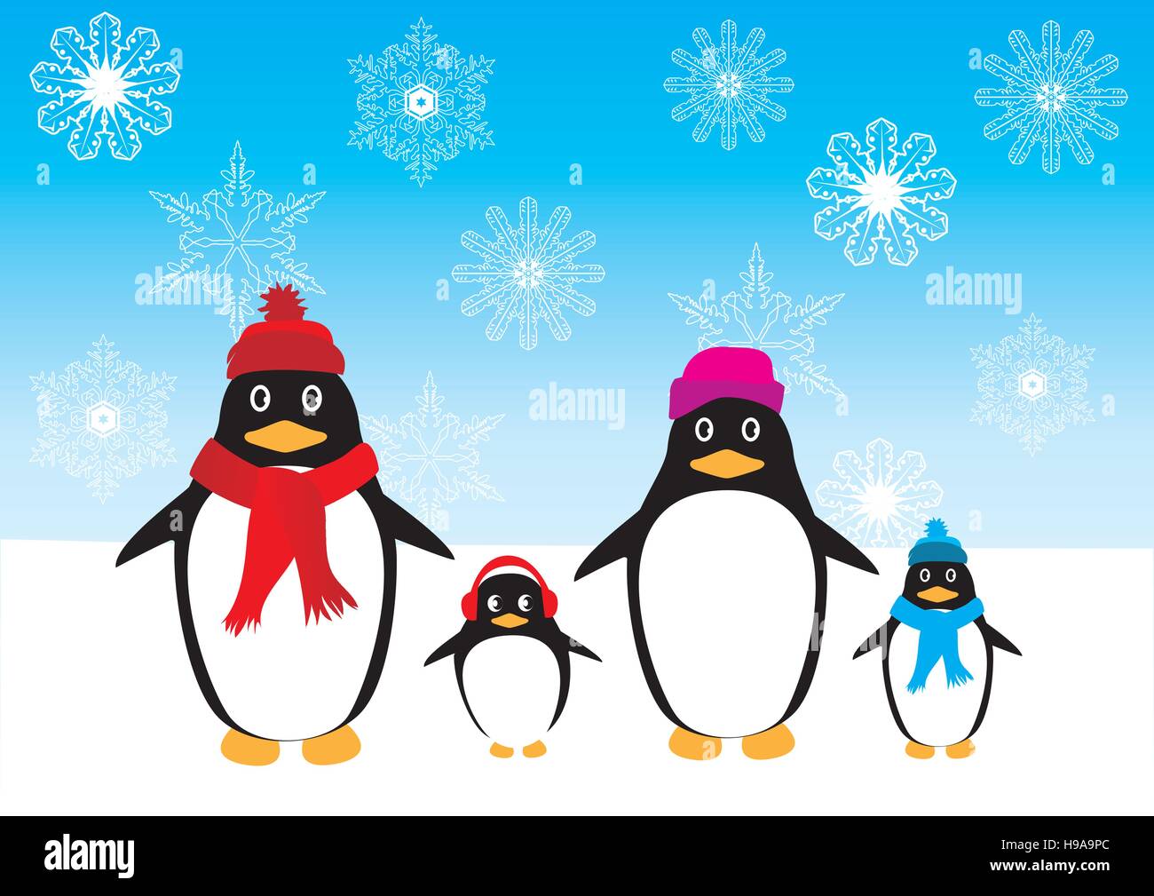 vector illustration of winter Christmas card with cute penguin family ...