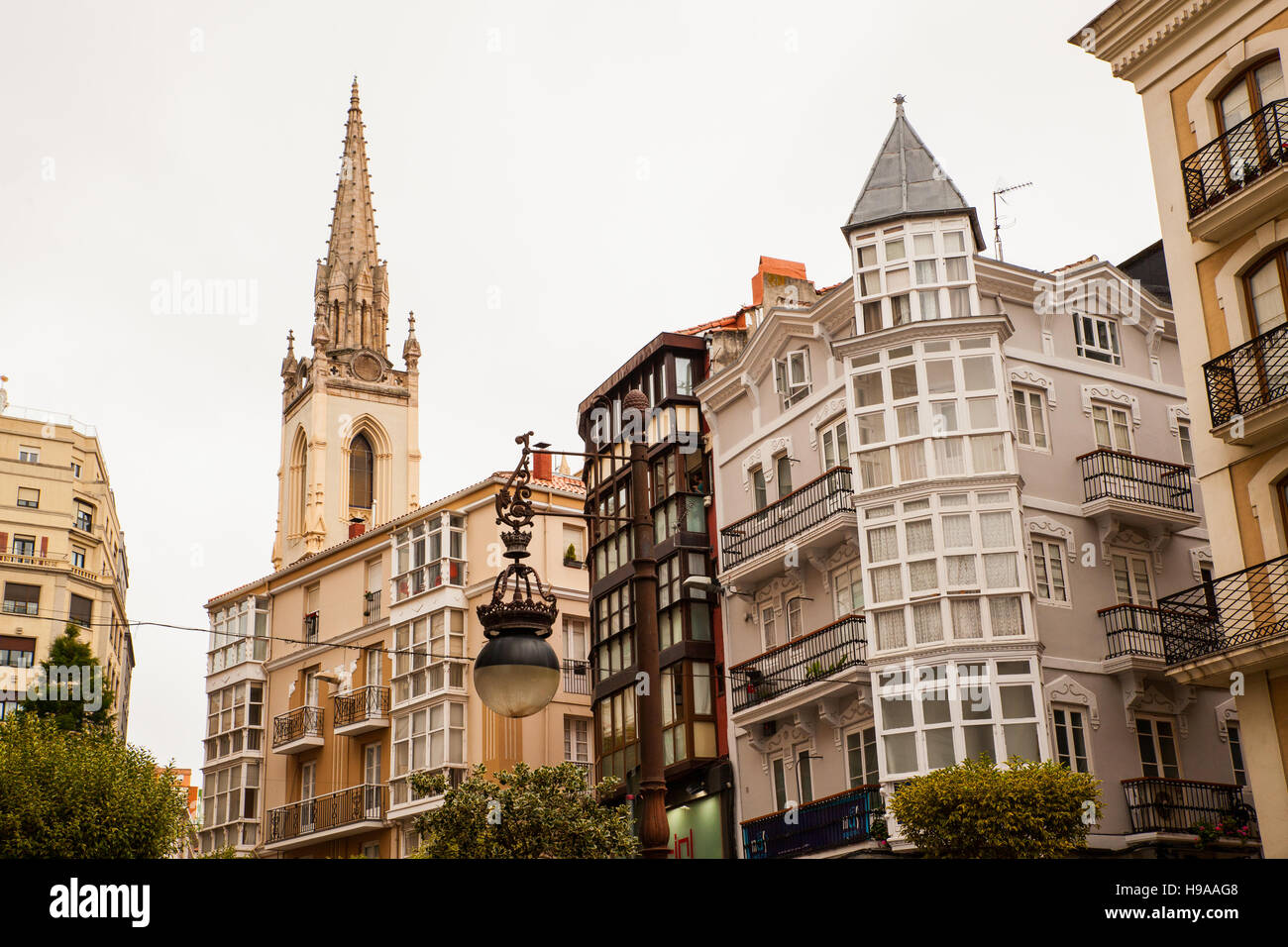 View of buildings and belltower of Sagrado Corazon church, Santander ...