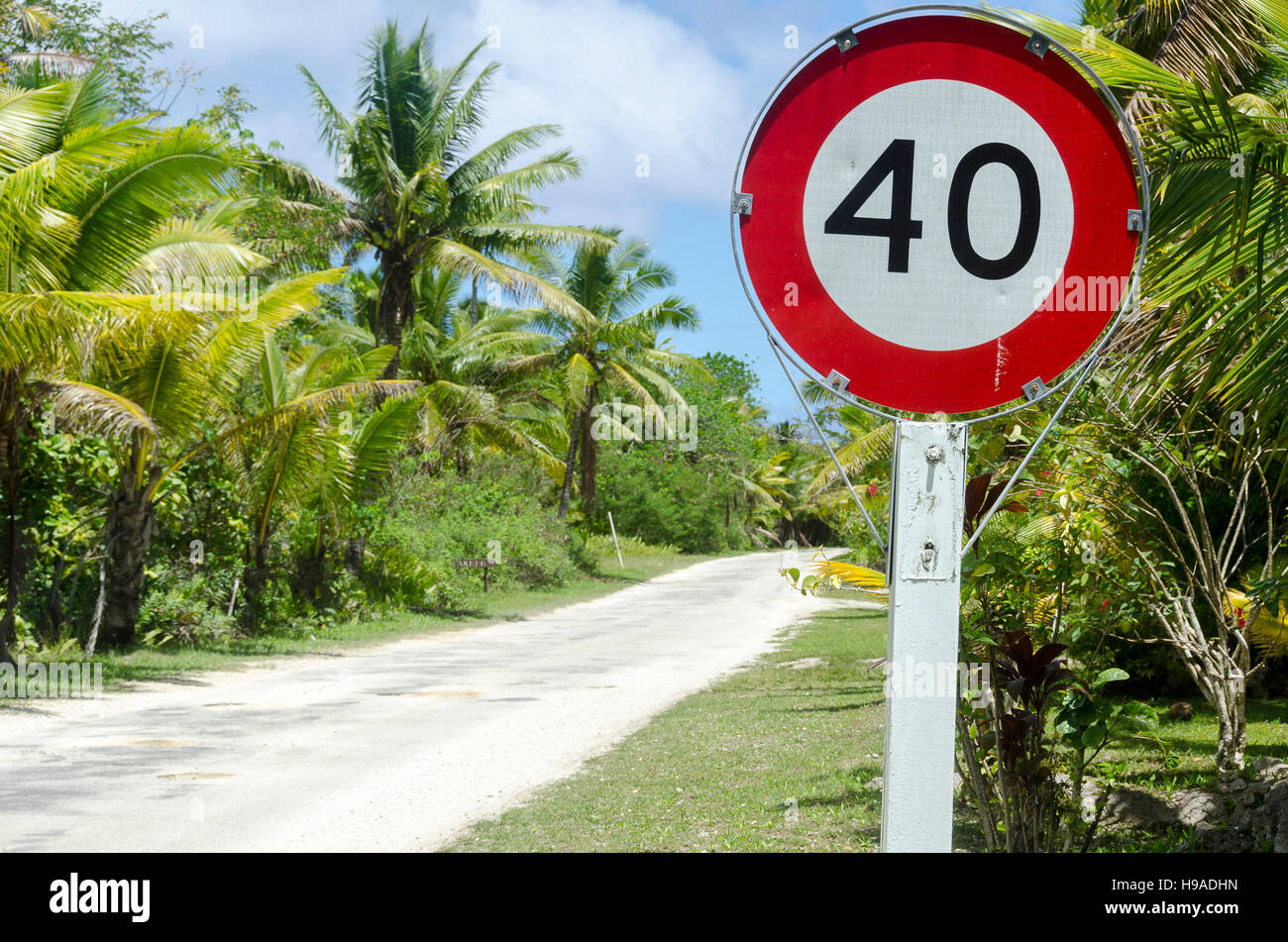 Speed limit sign beside road through coconut trees, Anaiki, Niue, South ...