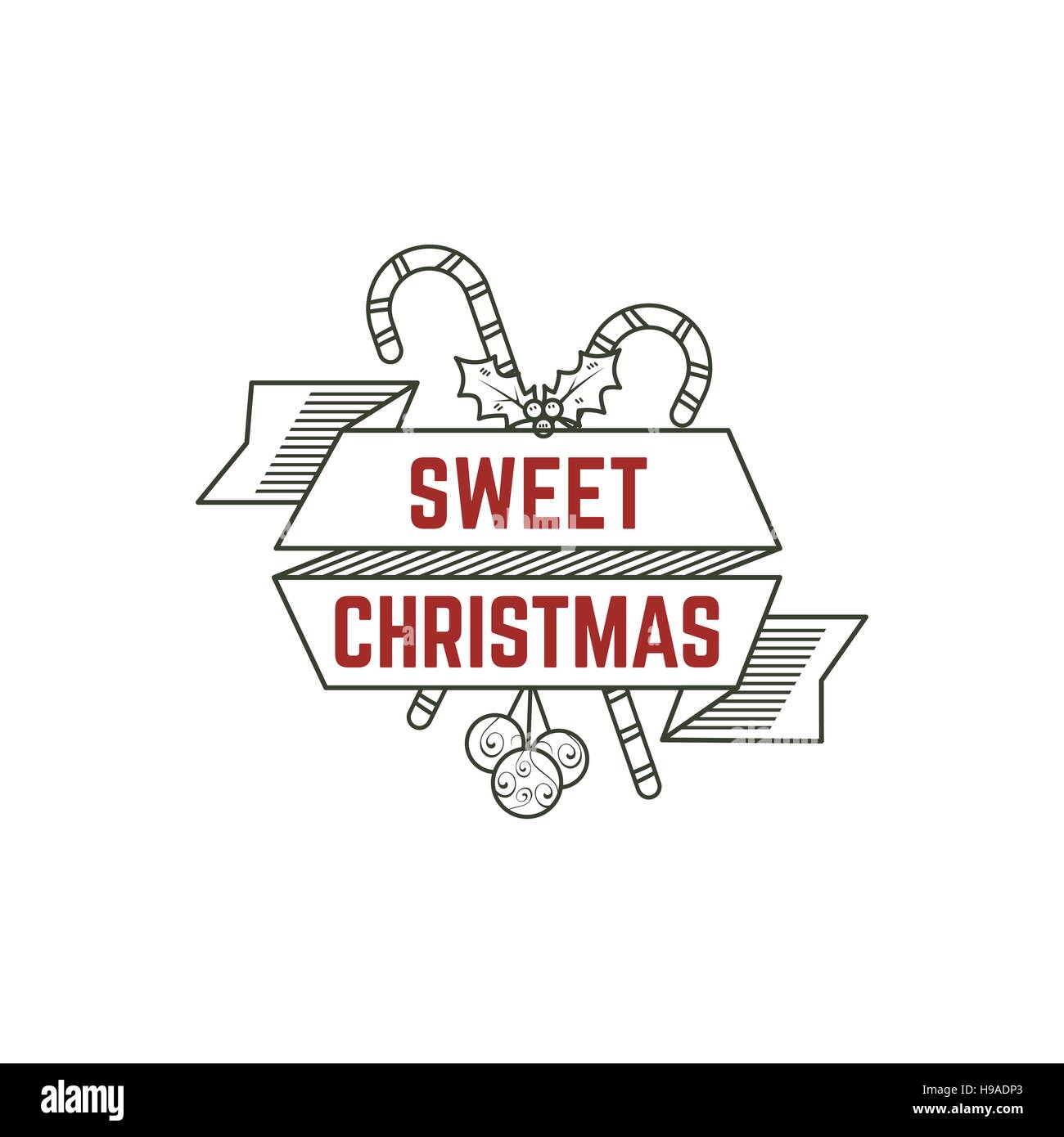 Sweet Christmas typography sign with candies, toys and ribbons. Vector ...