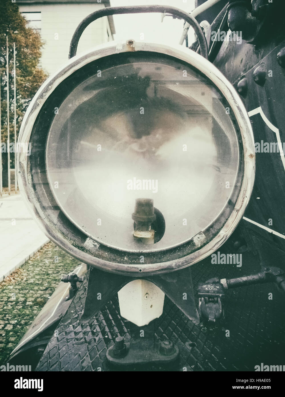 Old train, detail, light on locomotive, headlight, background Stock ...