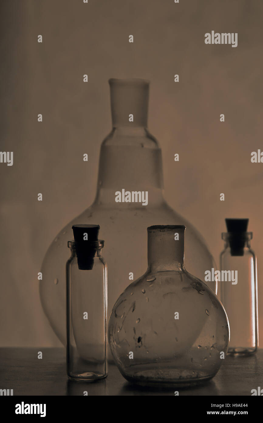 Laboratory flasks close up in different combinations Stock Photo - Alamy