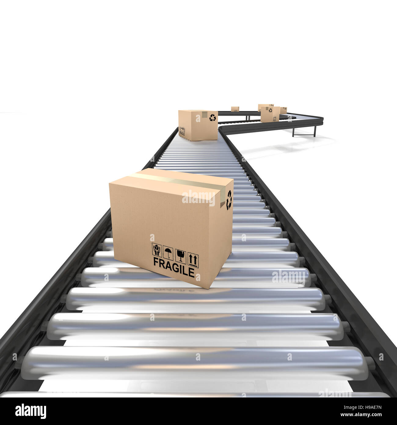 conveyor belt line with boxes 3d rendering Stock Photo - Alamy