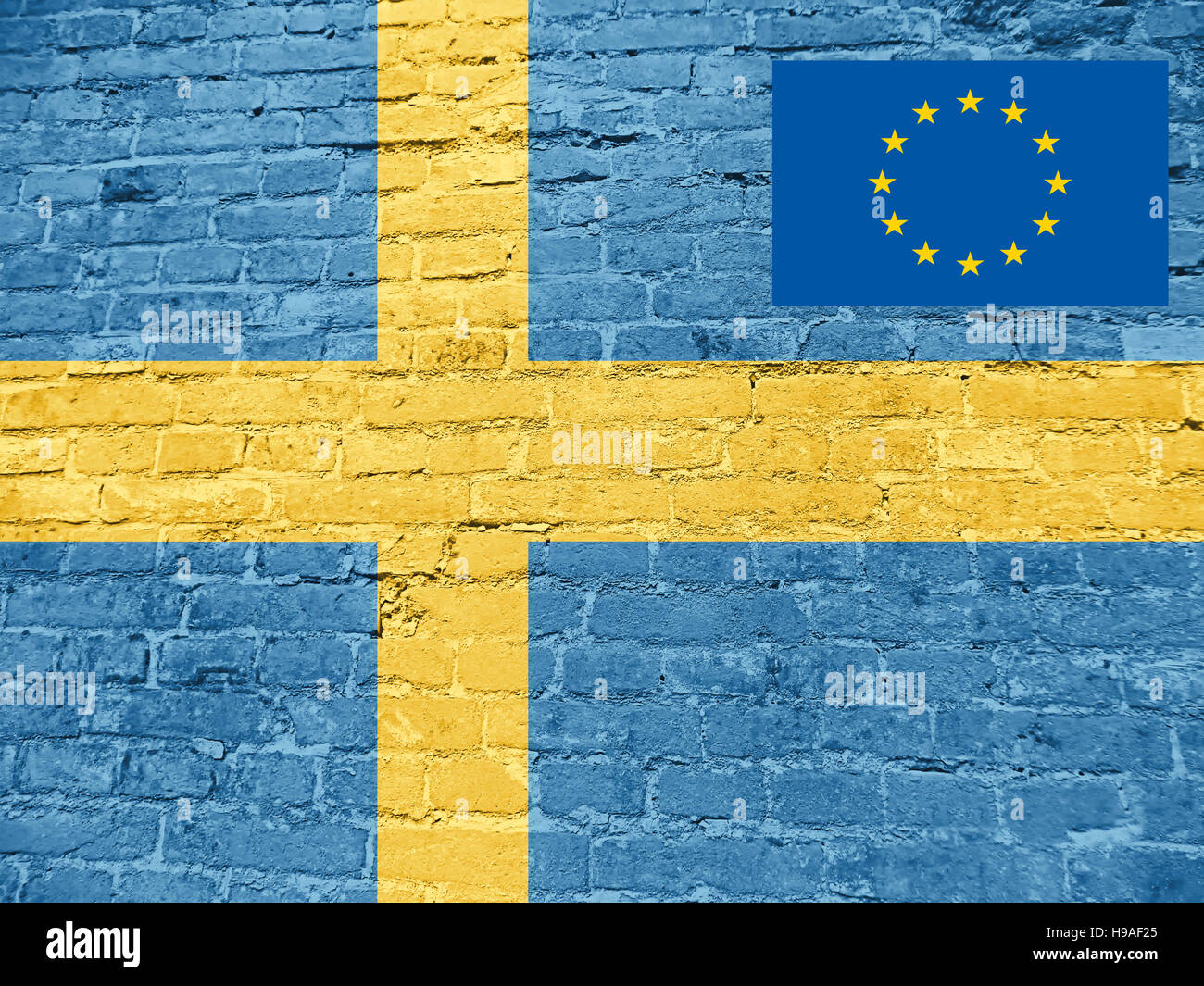 Sweden flag and a small EU flag, background, texture Stock Photo - Alamy