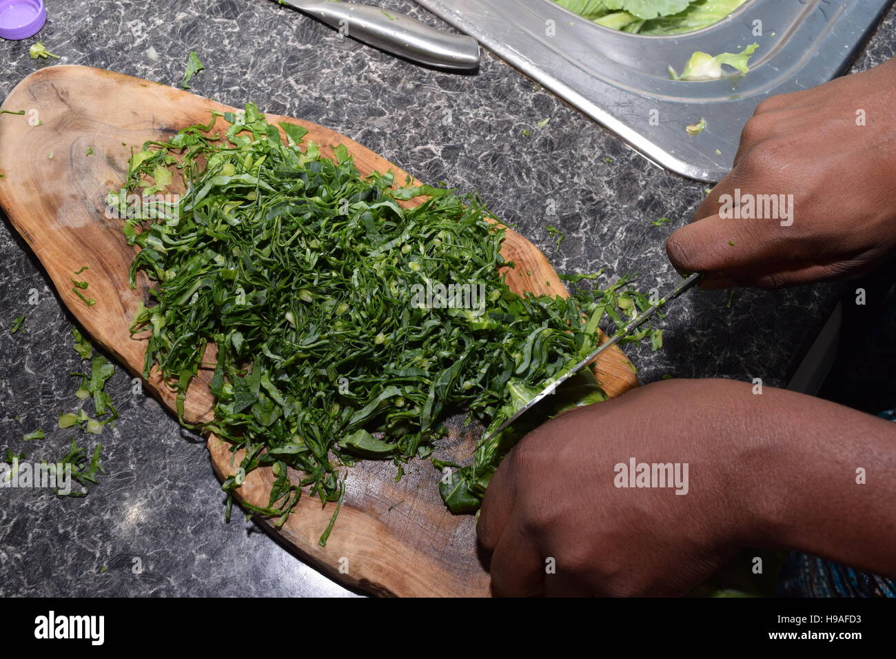 Gentle female hands chopping organic spinach Stock Photo - Alamy