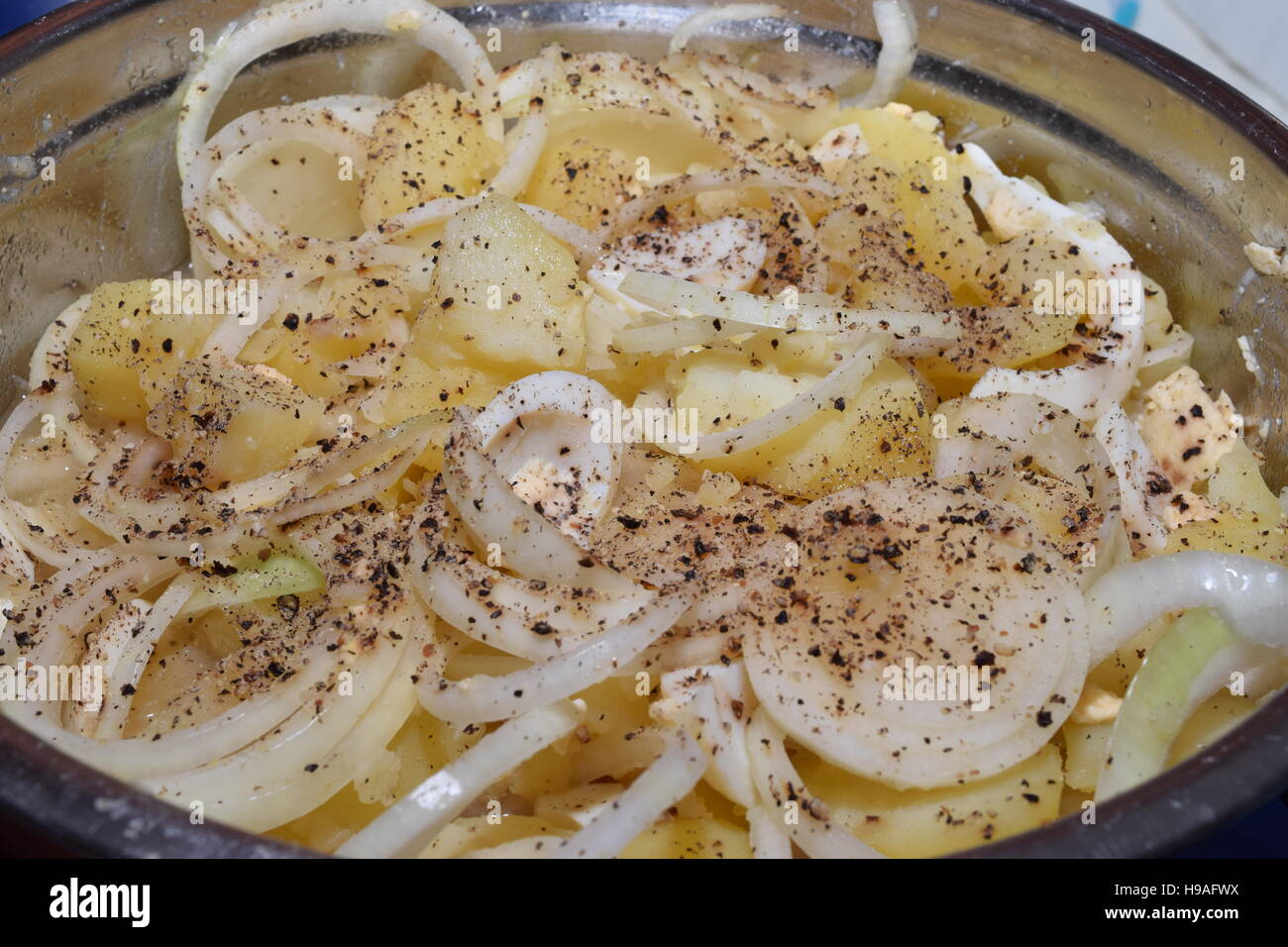 Potato salad in a sliver bowl ready to eat Stock Photo - Alamy