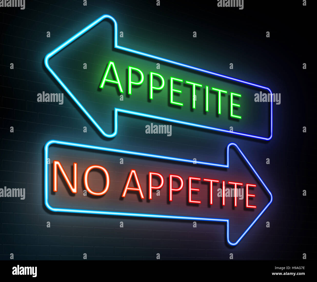 Illustration depicting an illuminated neon sign with an appetite ...