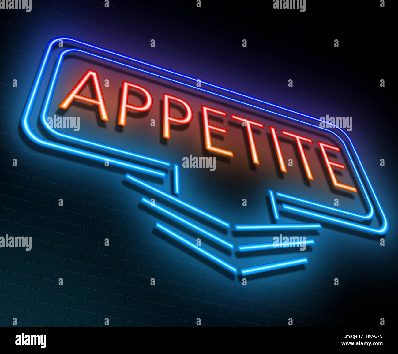Illustration depicting an illuminated neon sign with an appetite ...
