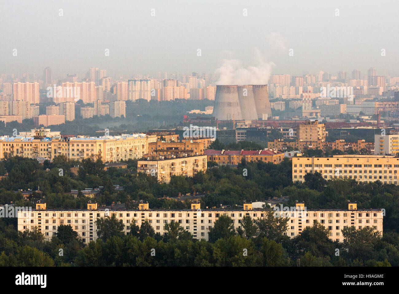 Aerial view to Moscow skyline at evening hours. Kuntsevo District ...