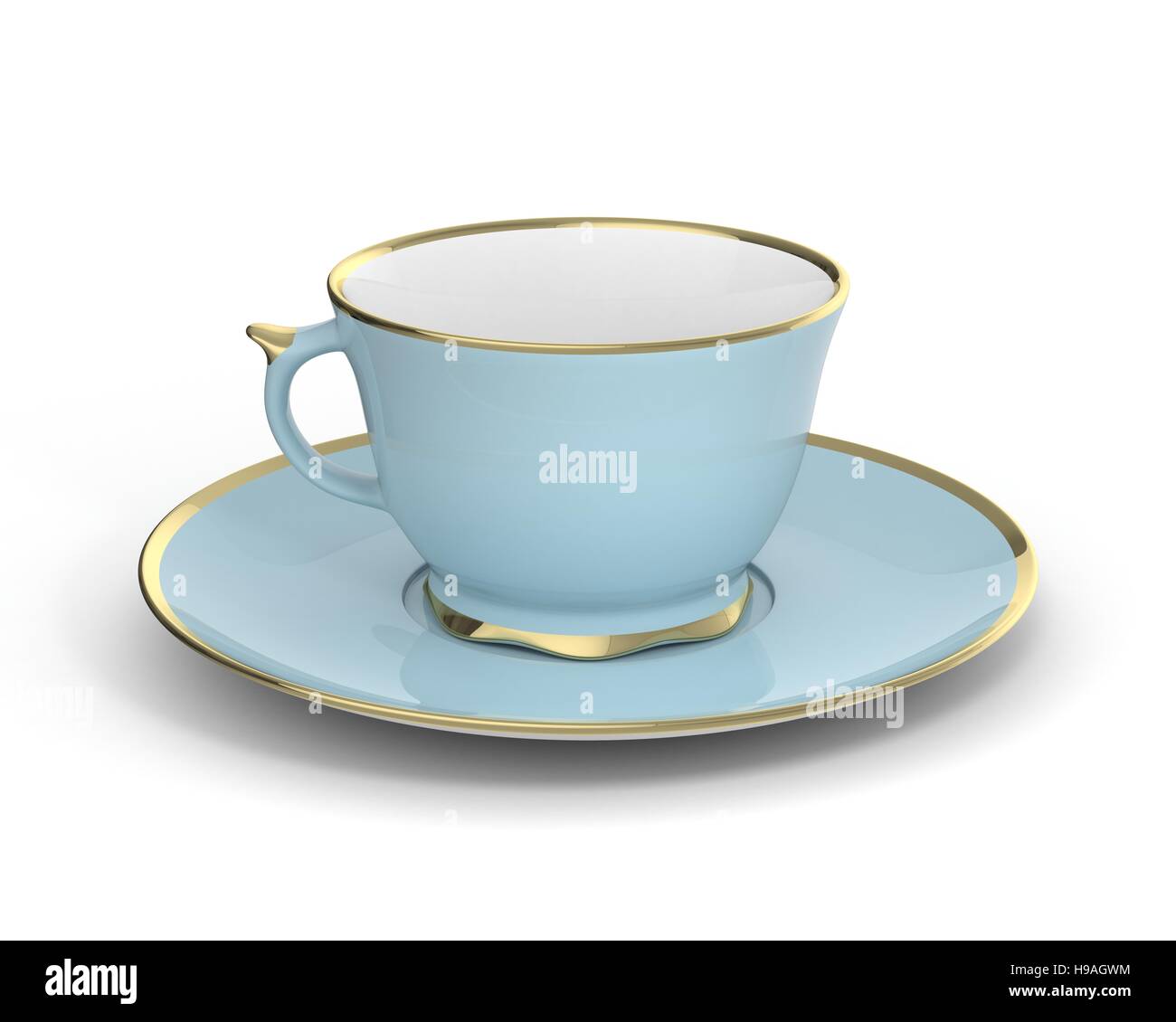 Isolated antique porcelain light blue tea cup on saucer with gold ...