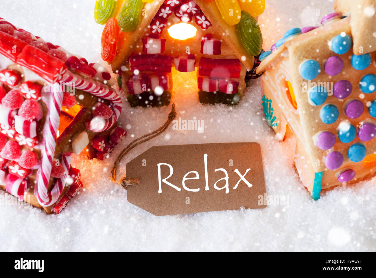Colorful Gingerbread House, Snowflakes, Text Relax Stock Photo - Alamy