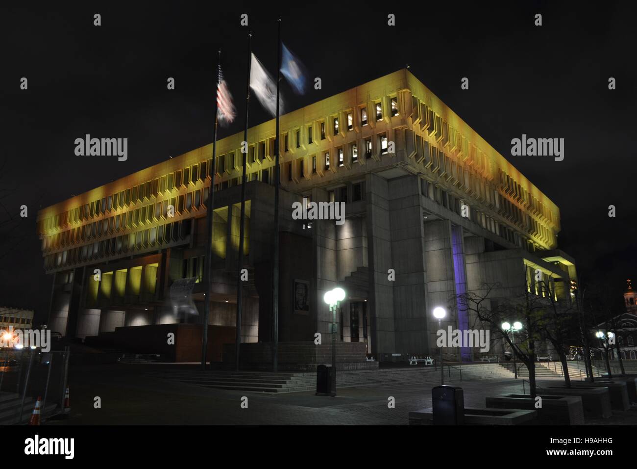 A long exposure of Government Center and City Hall at night in Downtown ...