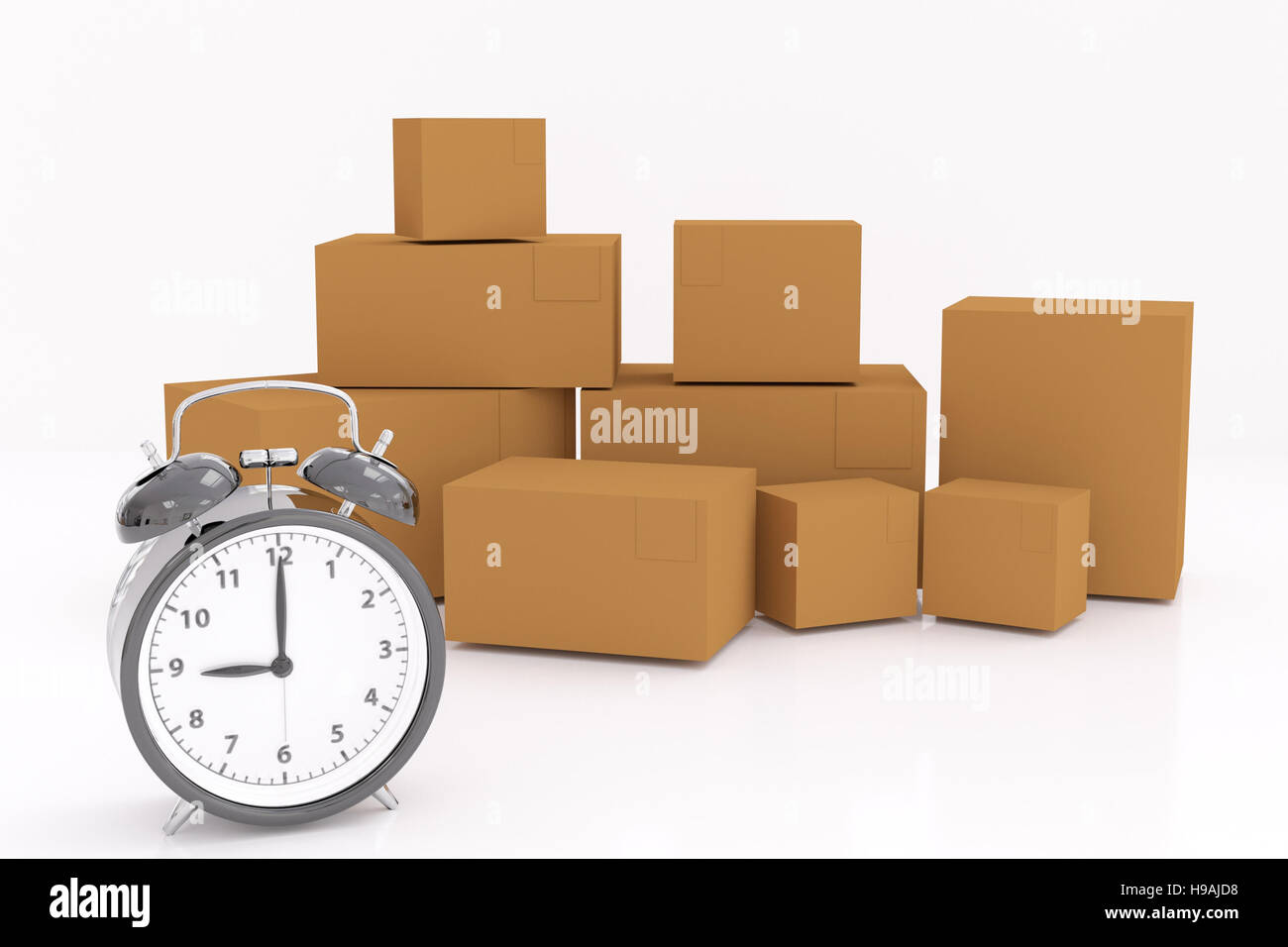3D rendering of alarm clock and boxes, delivery concept, time ...