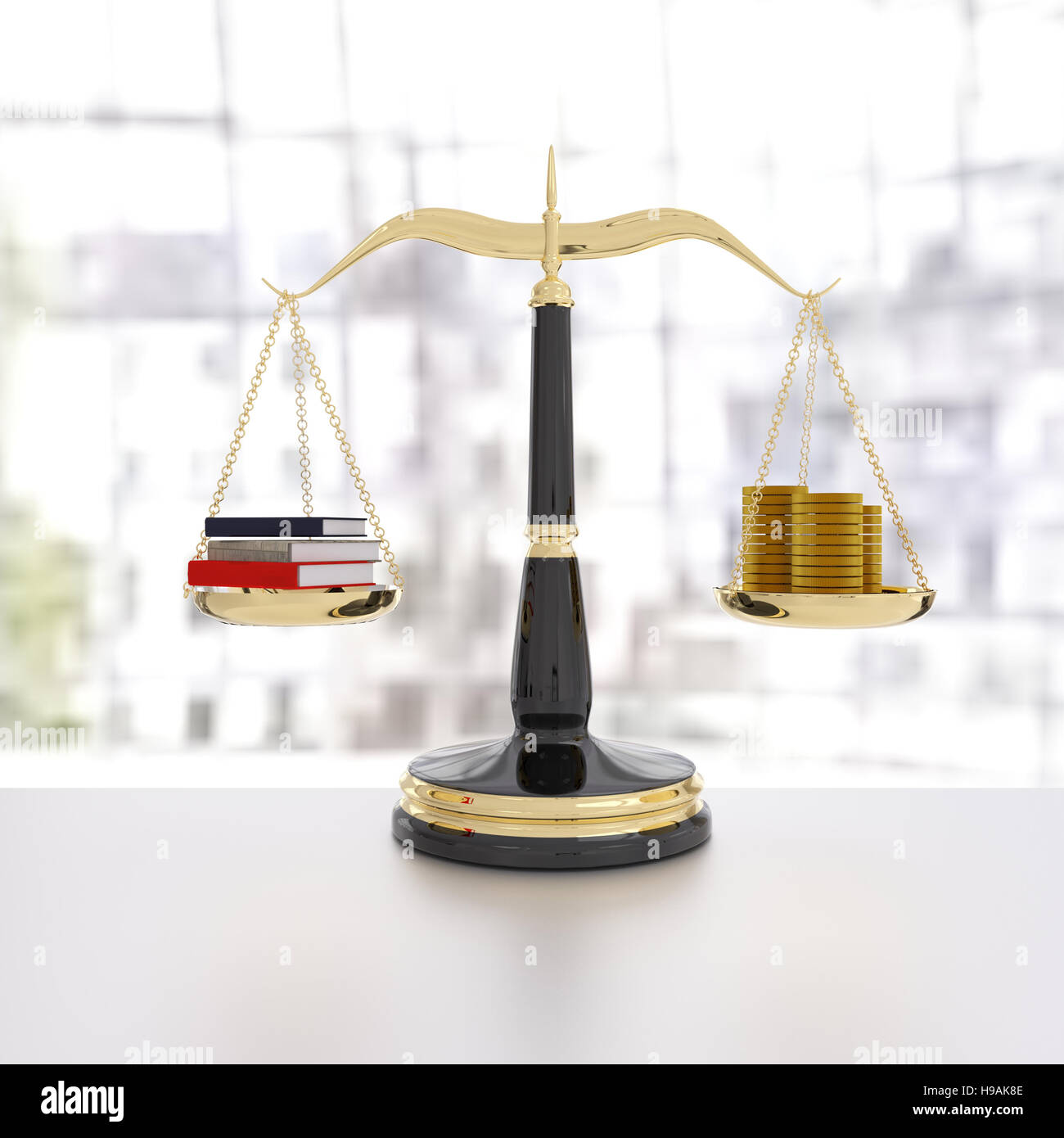 3D rendering of a balanced scale of educaiton and money, knowledge is ...