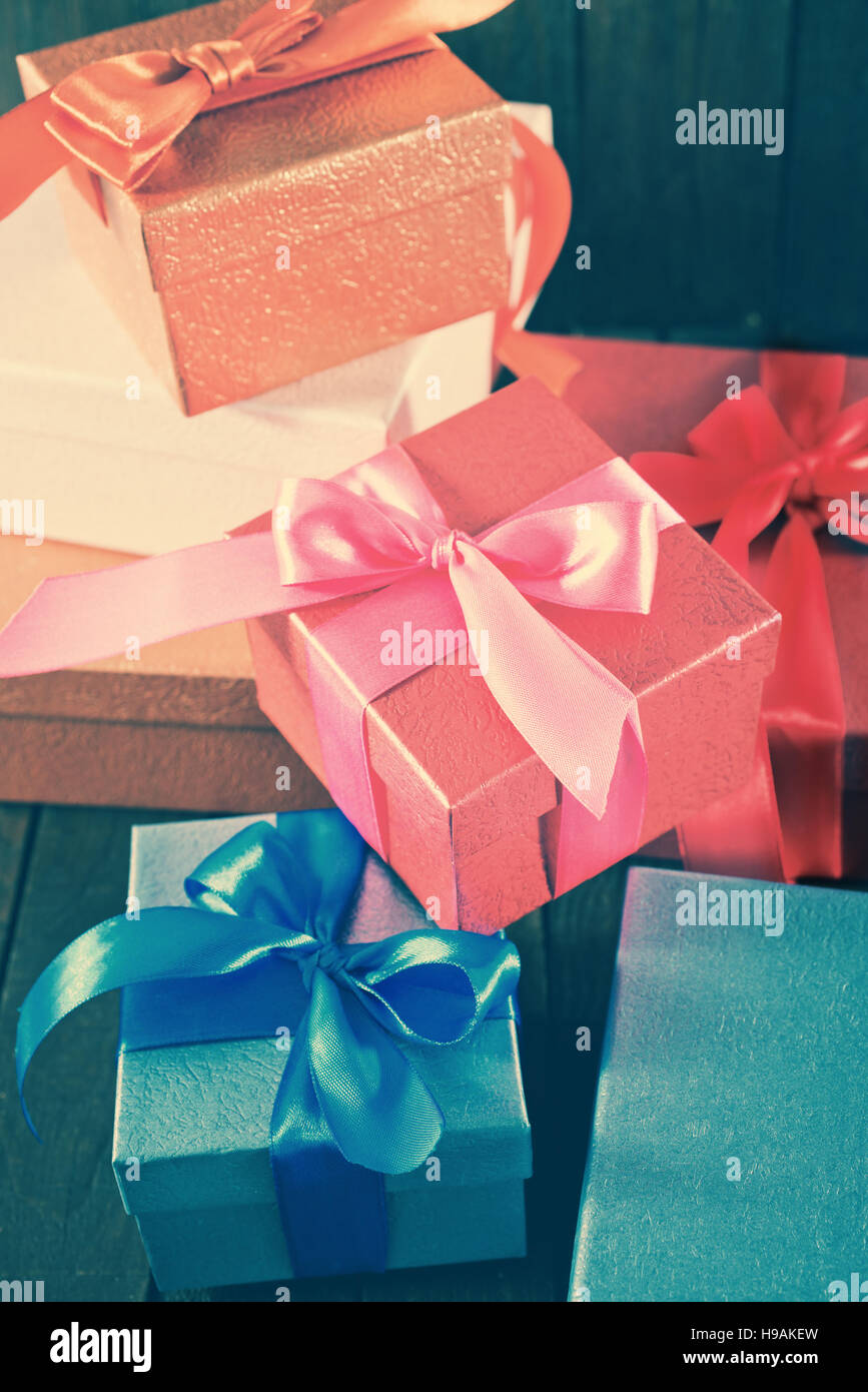 box for present with ribbons on a table Stock Photo - Alamy