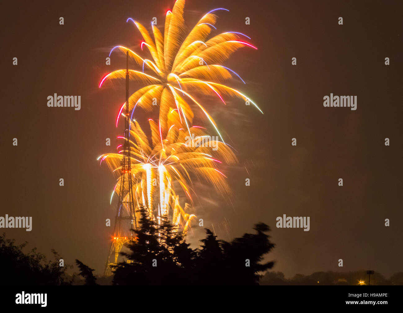 Fireworks over Crystal Palaca transmitting station on the Guy Fawkes ...