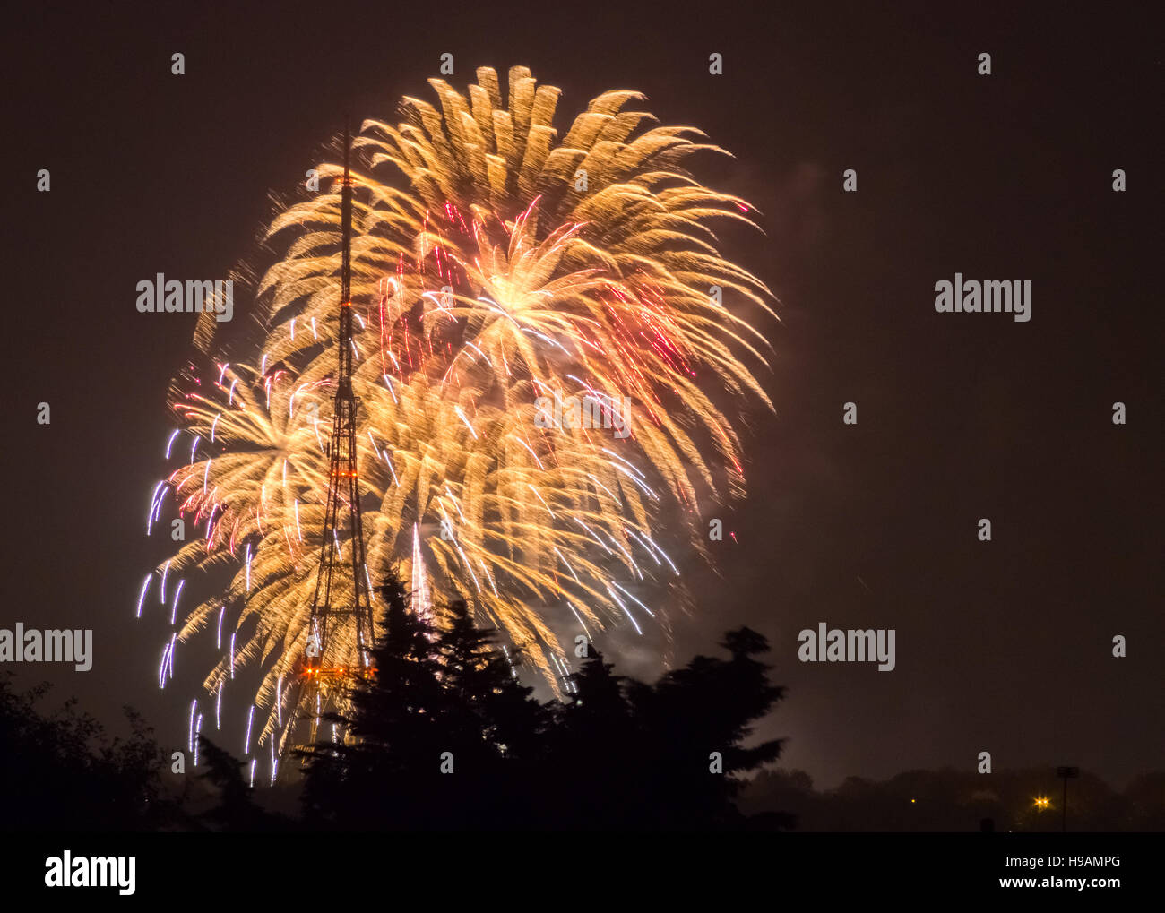 Fireworks over Crystal Palaca transmitting station on the Guy Fawkes ...