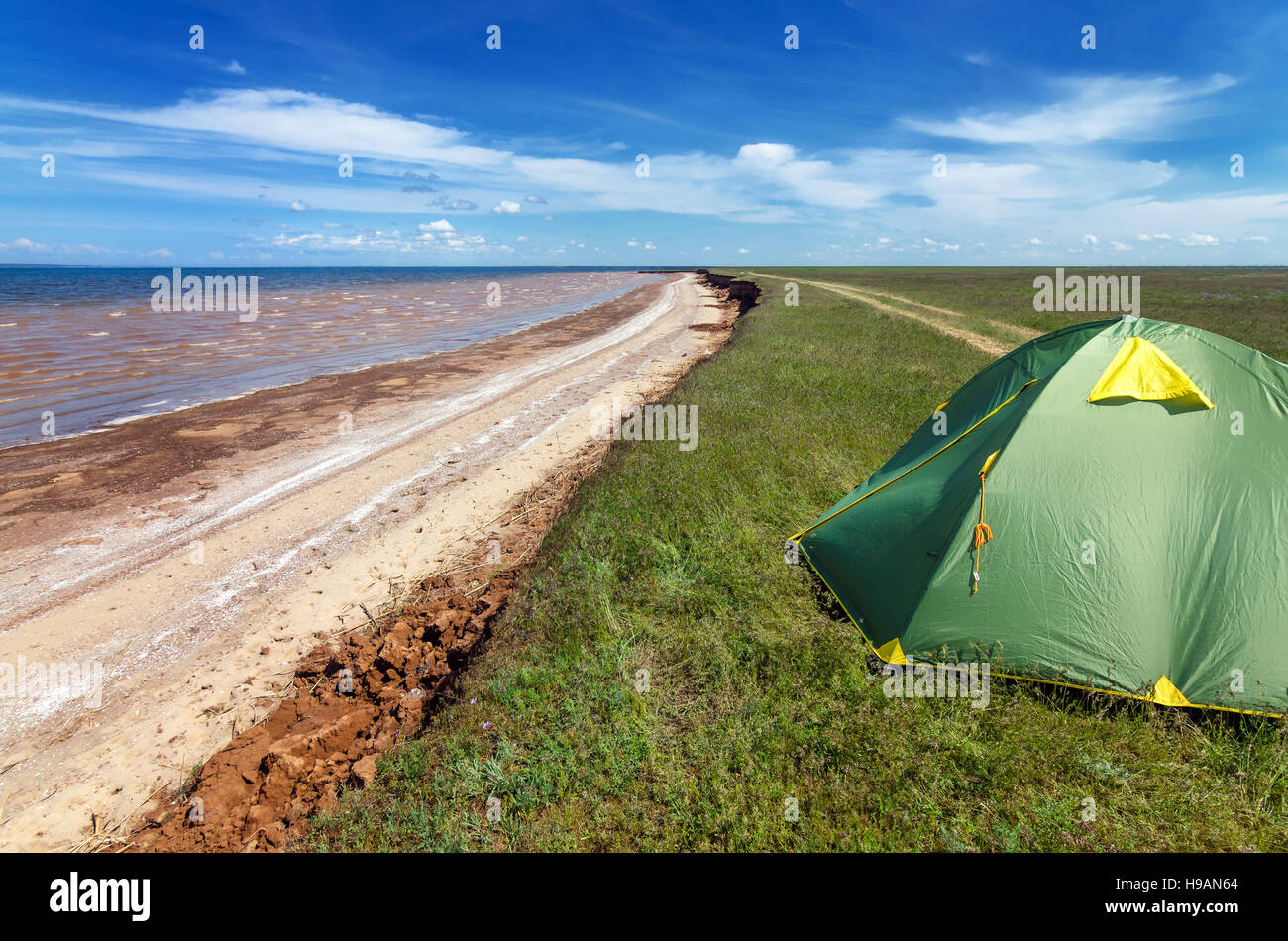 Touristic tent in astrakhan steppe under beautiful sky. Panorama of ...