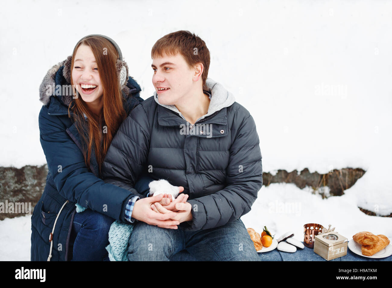 Loving couple having fun outdoors in winter rural weekend Stock Photo - Alamy