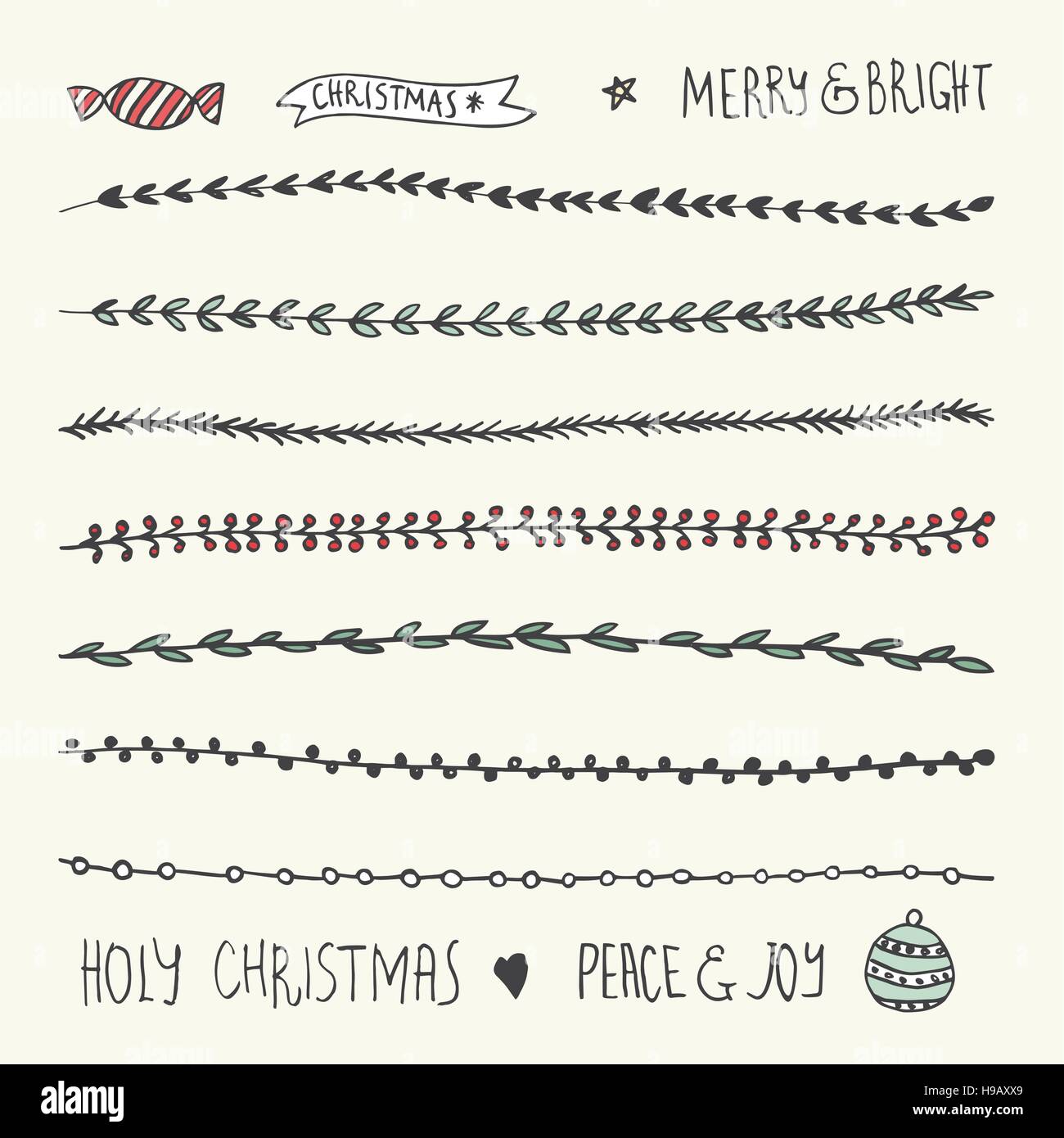 Hand Drawn Christmas Decorative Elements, Doodles and Borders Stock ...