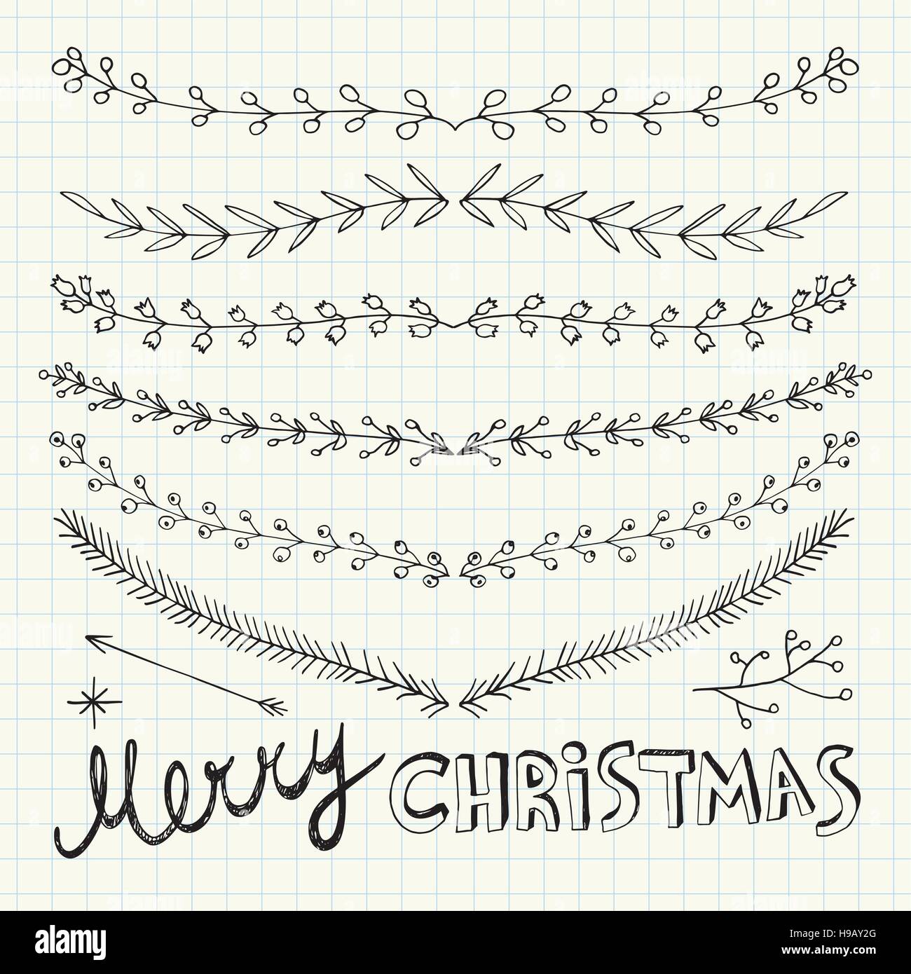 Hand Drawn Christmas Decorative Elements, Doodles and Borders Stock ...