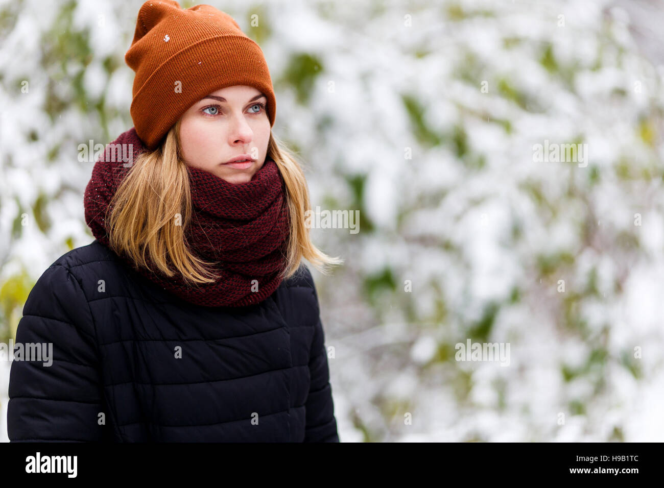 Girl background of winter landscape Stock Photo - Alamy