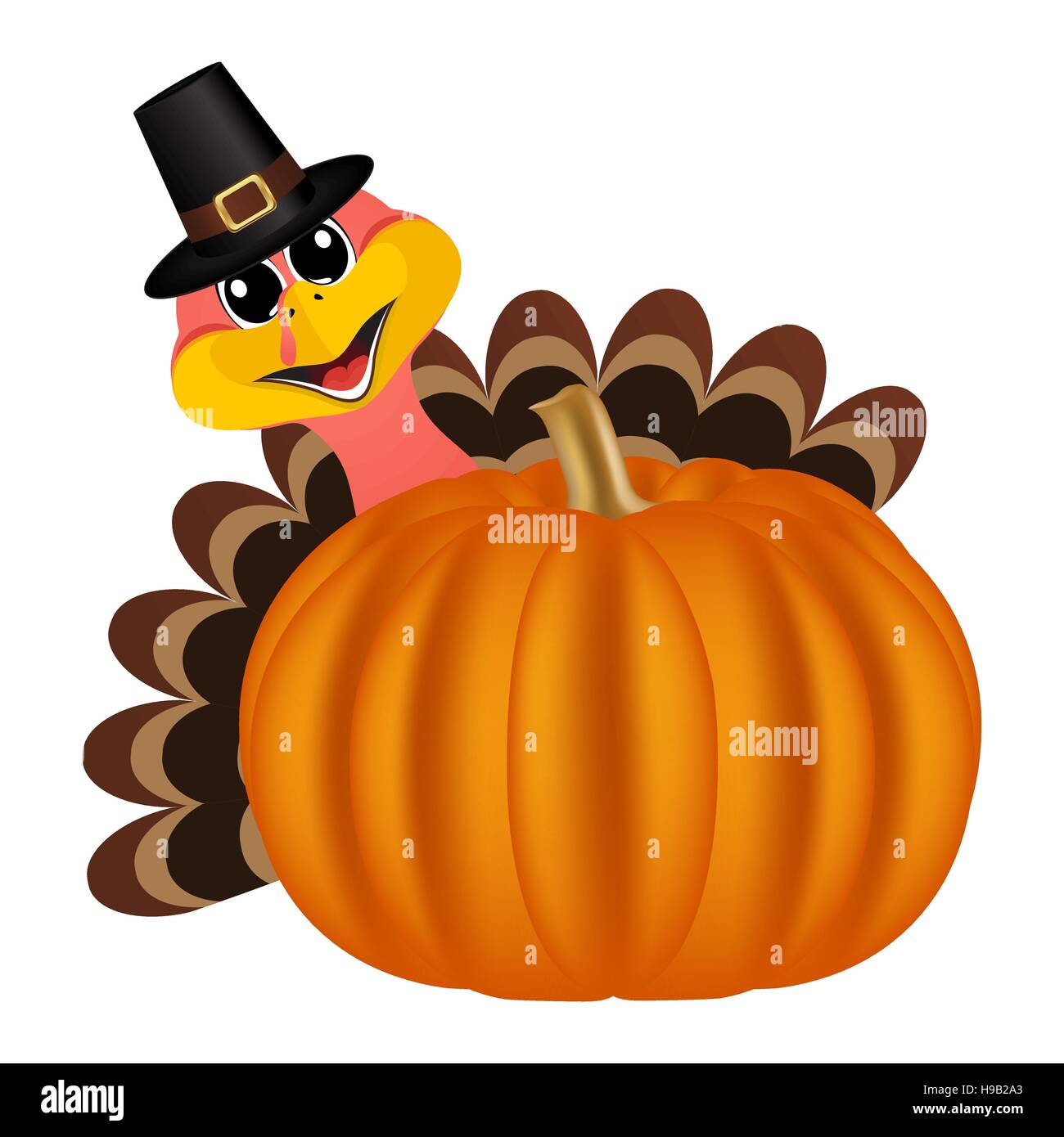 Turkey on Thanksgiving Day looks out from behind a pumpkin. Symb Stock ...