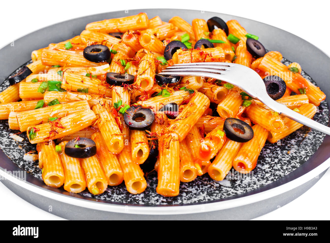 Pasta with Tomato Ketchup Sauce, Green Onions and Cheese Studio Photo ...