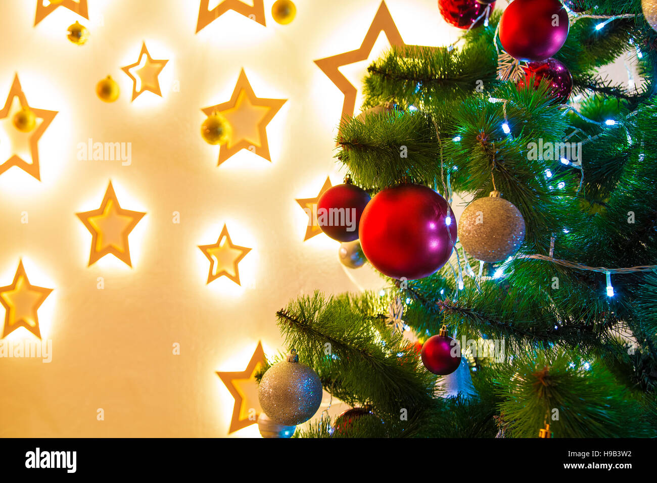 Closeup of Christmas-tree background in the living room of the house ...