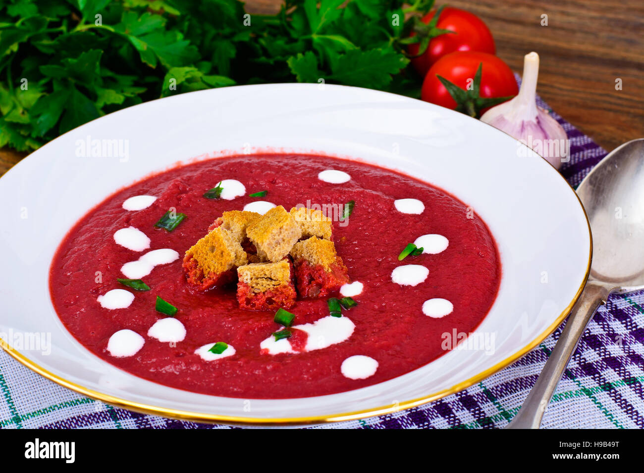 Beetroot Puree Soup with Sour Cream Studio Photo Stock Photo - Alamy