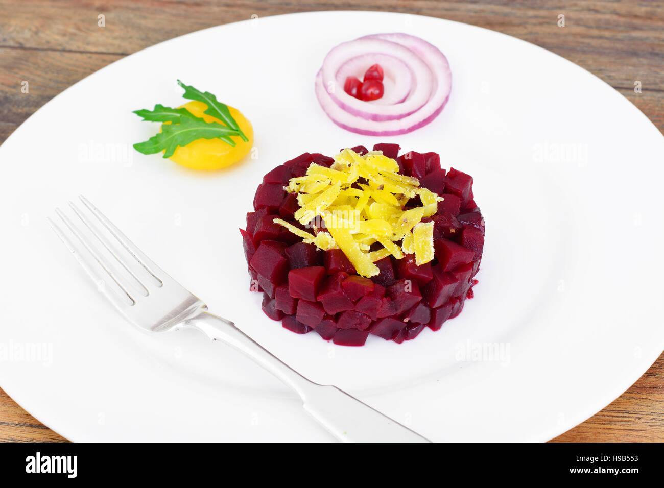 Beetroot Tartare with Fried Egg Yolk Studio Photo Stock Photo - Alamy