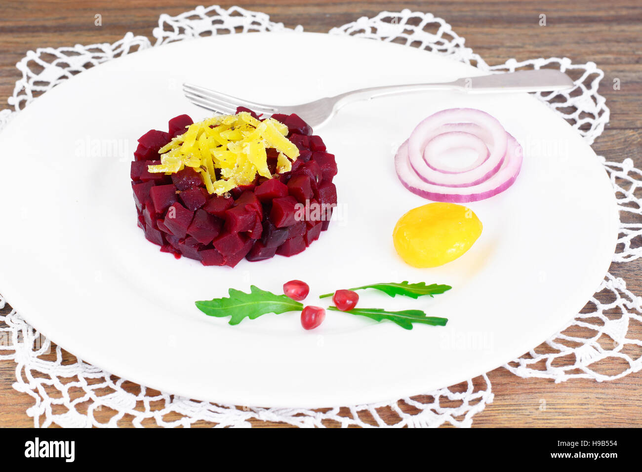 Beetroot Tartare with Fried Egg Yolk Studio Photo Stock Photo - Alamy