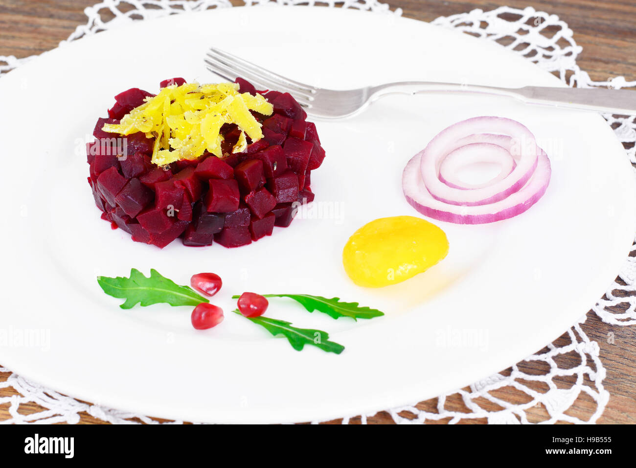 Beetroot Tartare with Fried Egg Yolk Studio Photo Stock Photo - Alamy