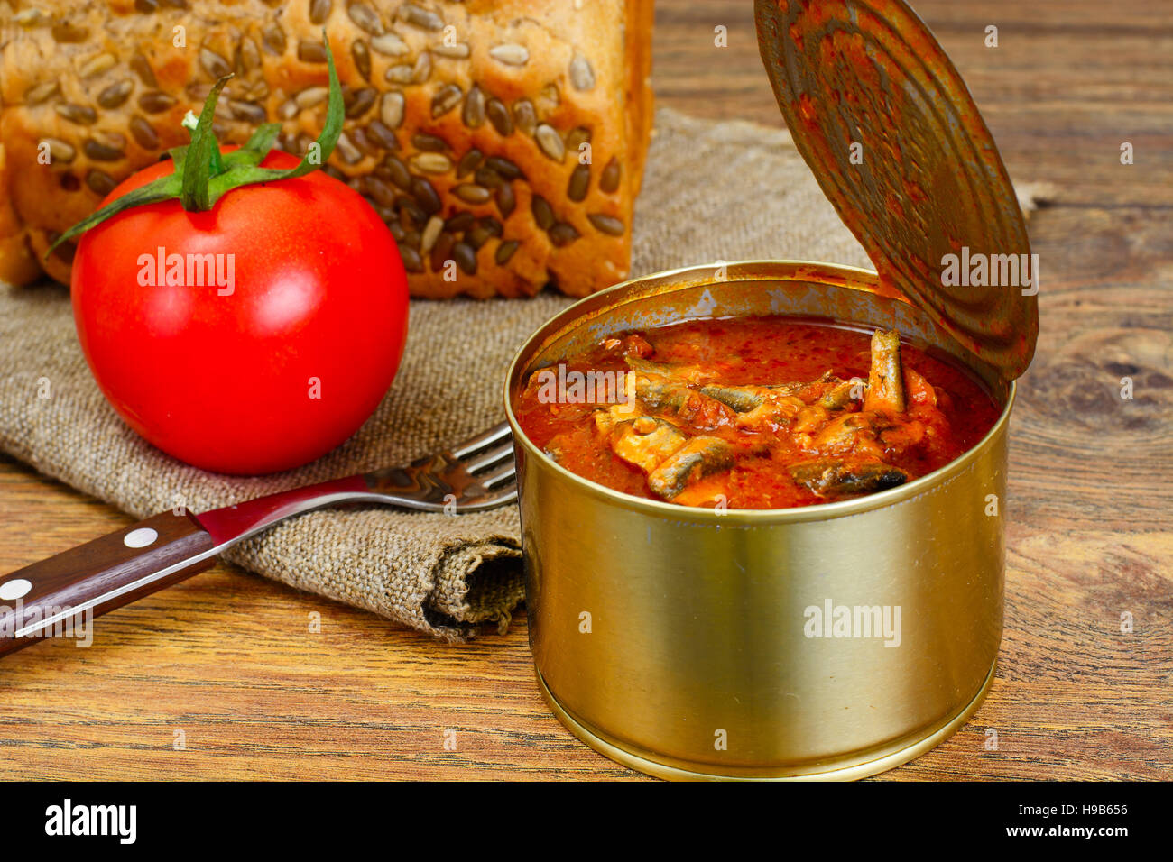 Canned Fish Sprat in Tomato Sauce Studio Photo Stock Photo - Alamy
