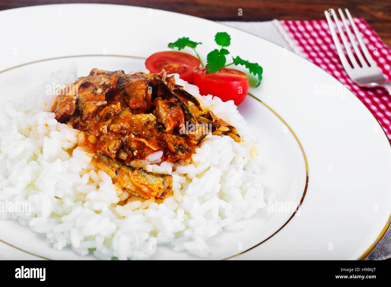 Rice with Canned Fish in Tomato Sauce Studio Photo Stock Photo - Alamy