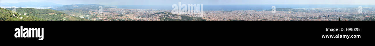 High angle extra wide panoramic view of Barcelona town from Tibidabo ...