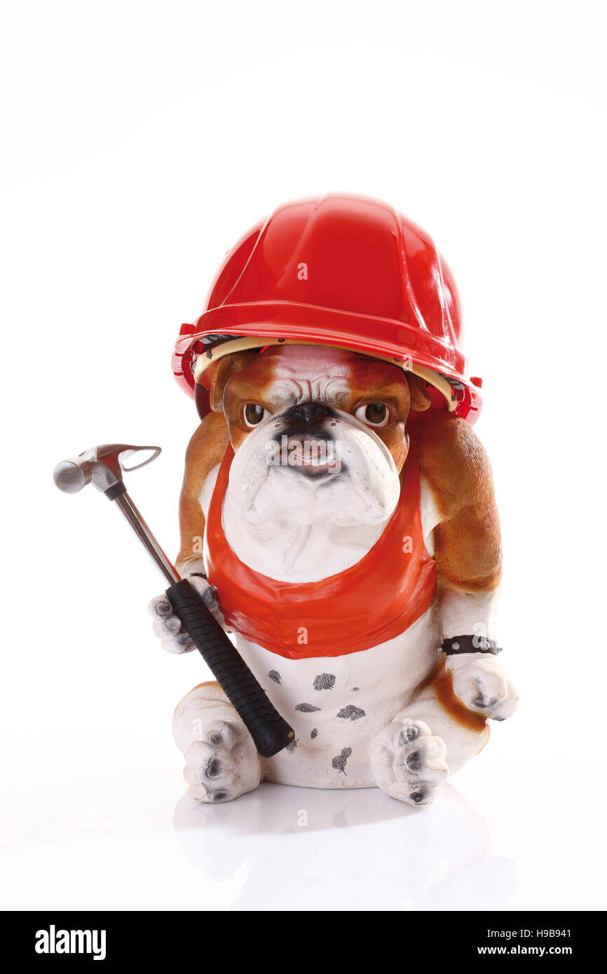 Bulldog figurine wearing a red construction helmet and holding a hammer ...