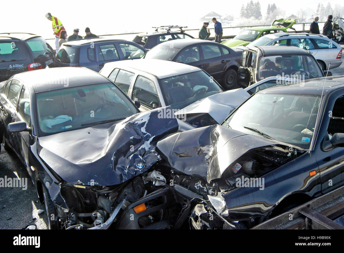 Demolished cars, traffic accident on autobahn, pile-up on road with ...