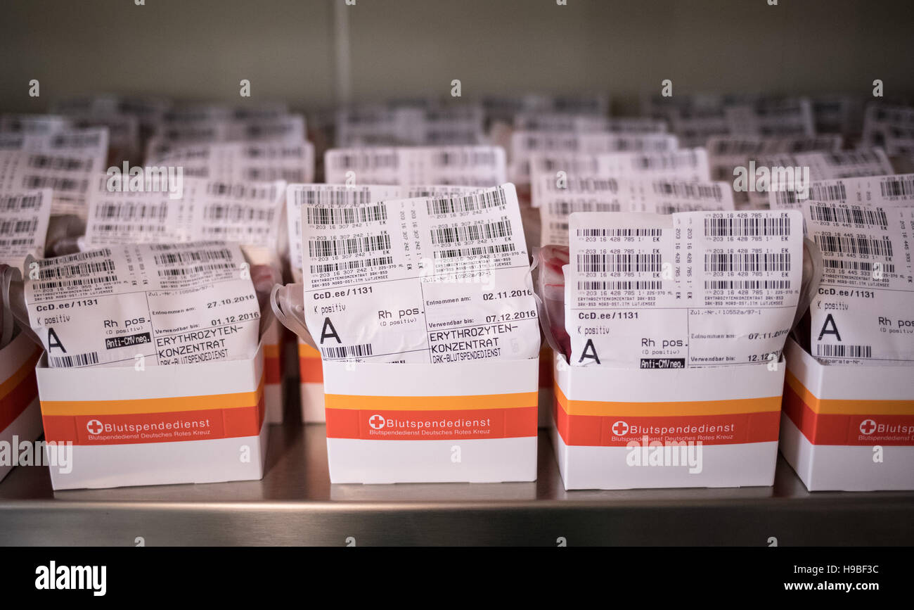 Hamburg, Germany. 17th Nov, 2016. Bags of red cell concentrate with ...