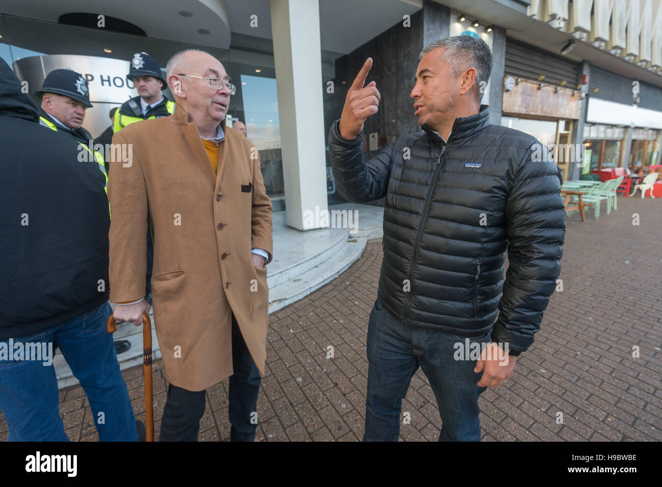 London, UK. 22nd November 2016. BoxPark owner Roger Wade talks with Ian ...