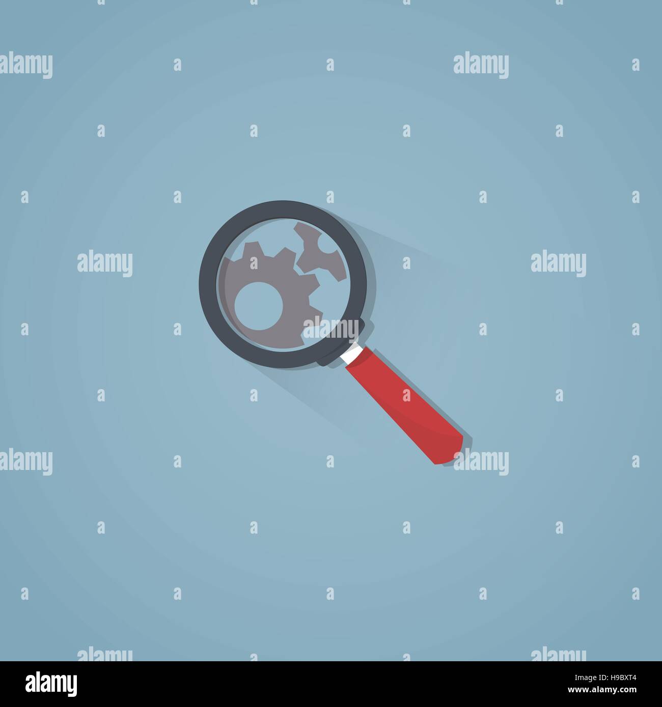 Flat illustration. Magnifying glass with hard flat shadows looking on ...
