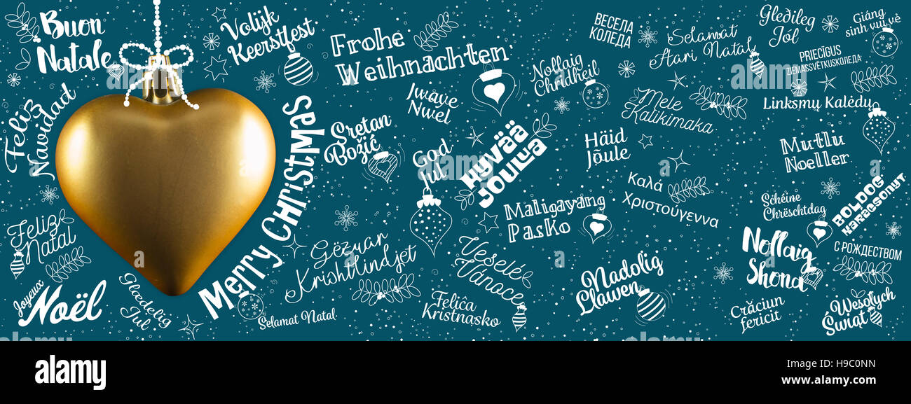 Merry Christmas greetings web banner from world in different languages ...