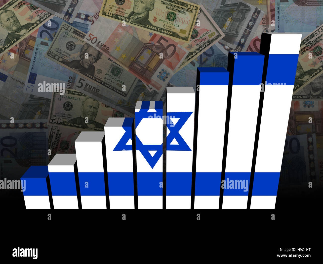 Israeli flag bar chart over Euros and Dollars illustration Stock Photo ...