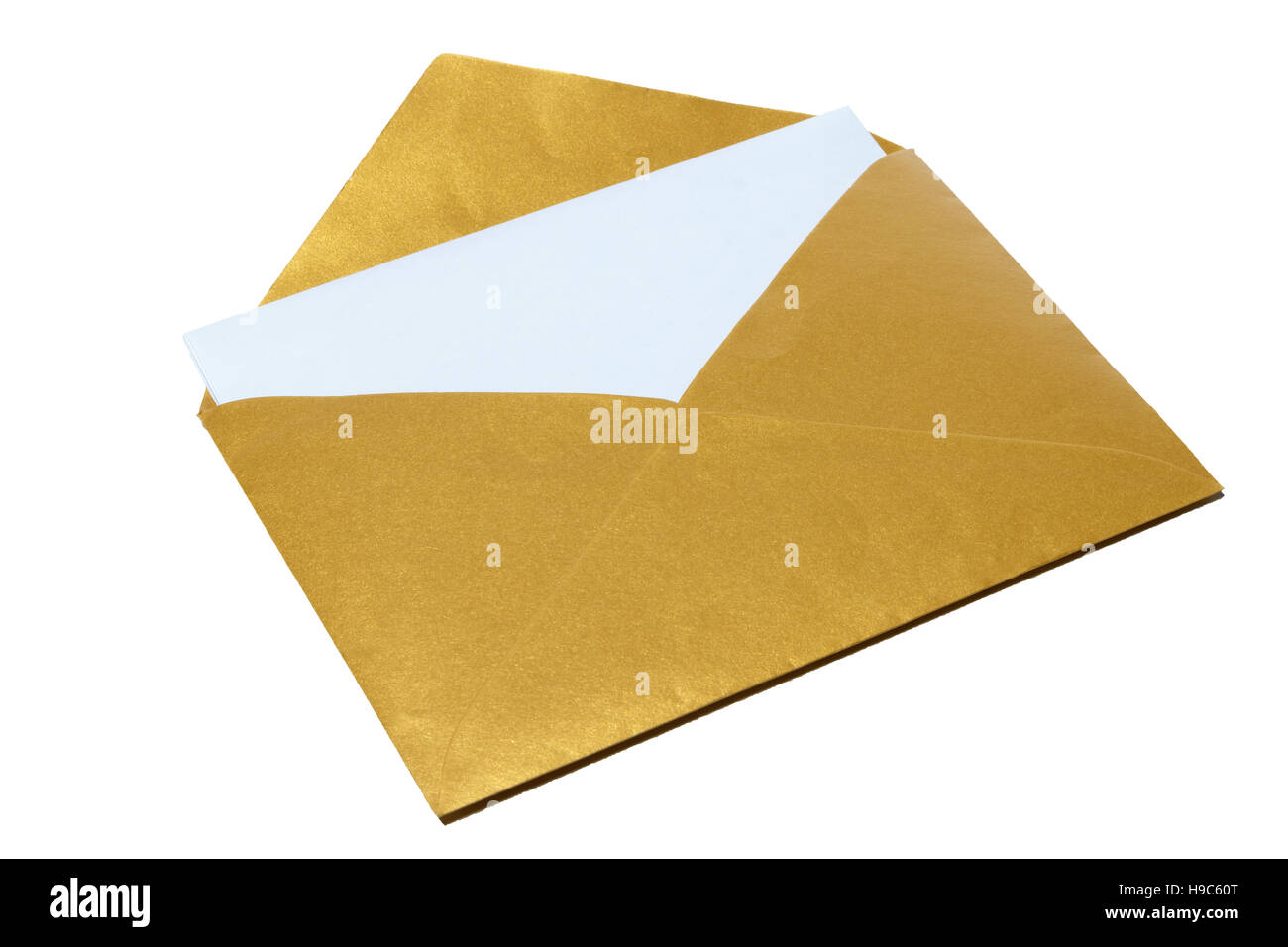 Gold envelope white a white sheet of paper inside isolated on white ...