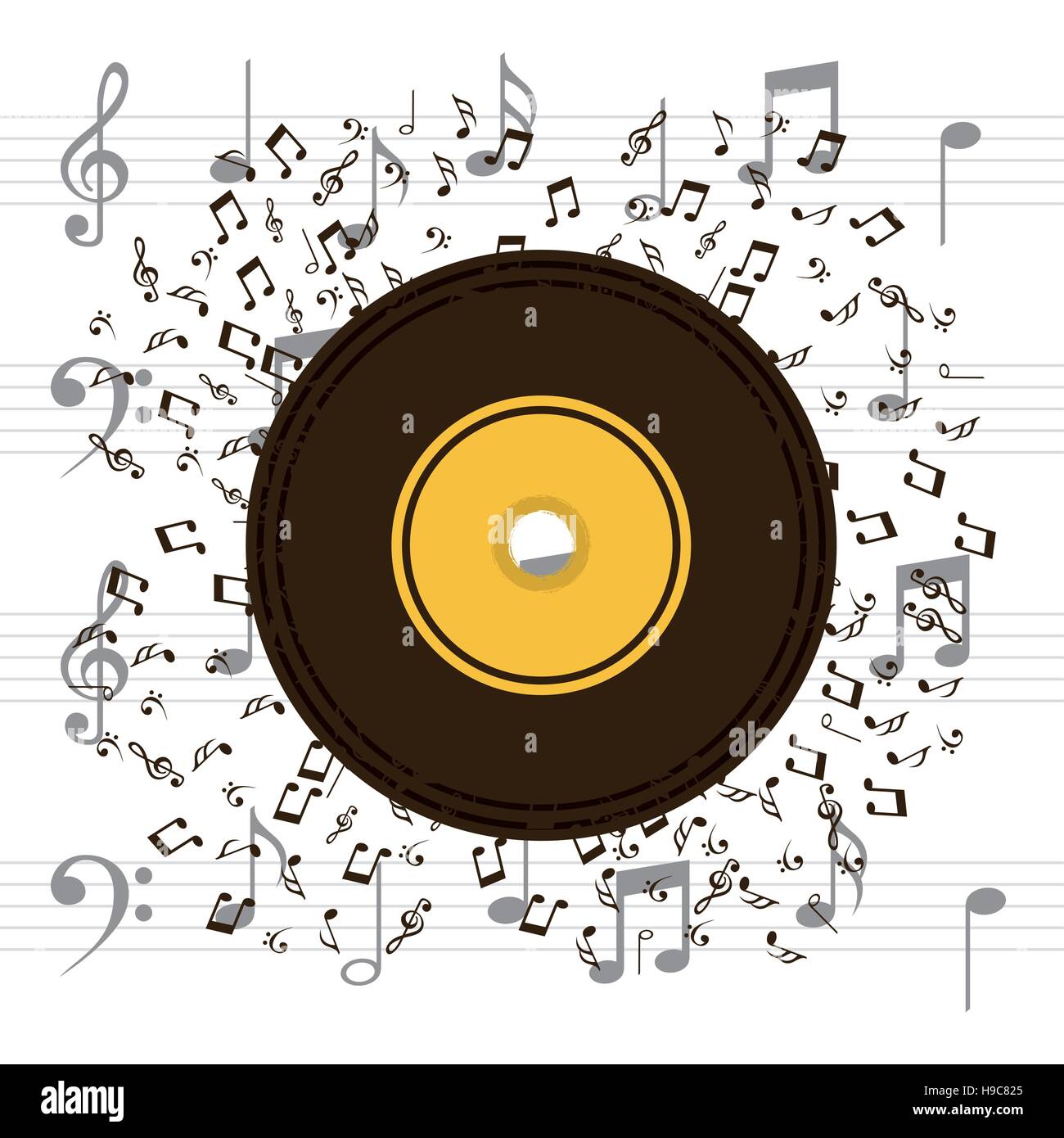 musical notes and vinyl with yellow label. colorful design. vector ...