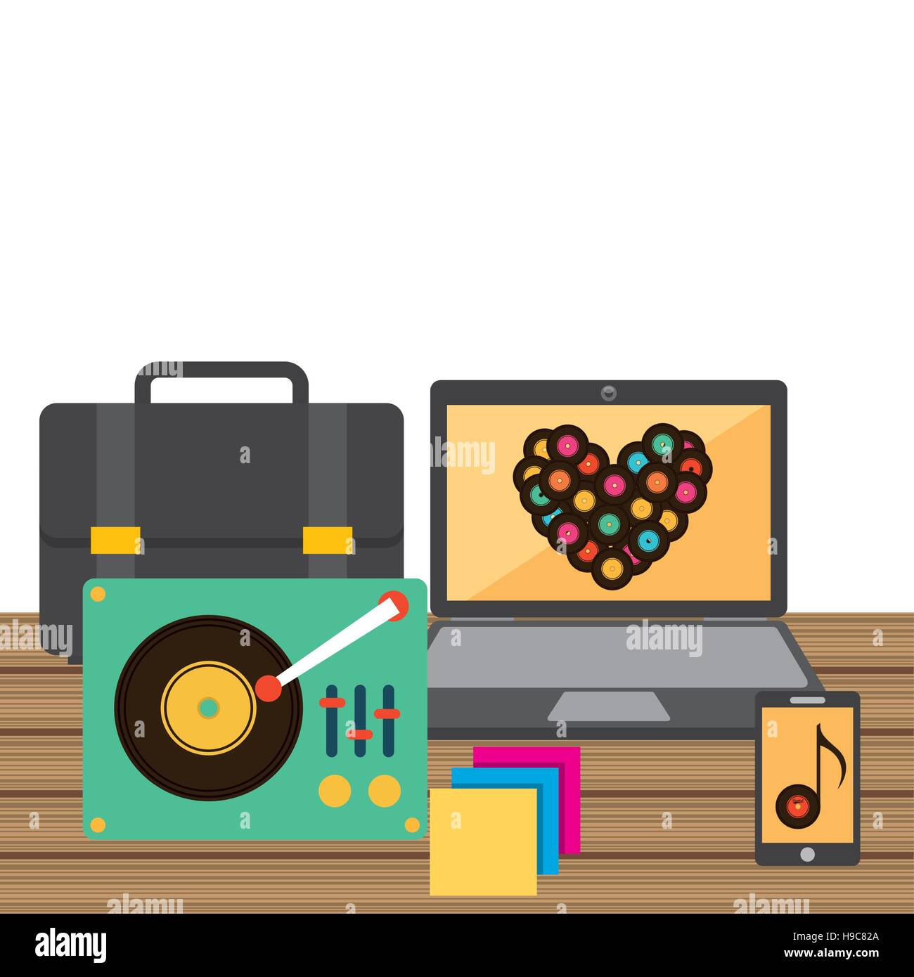 recording music devices icons in wooden table over white background ...