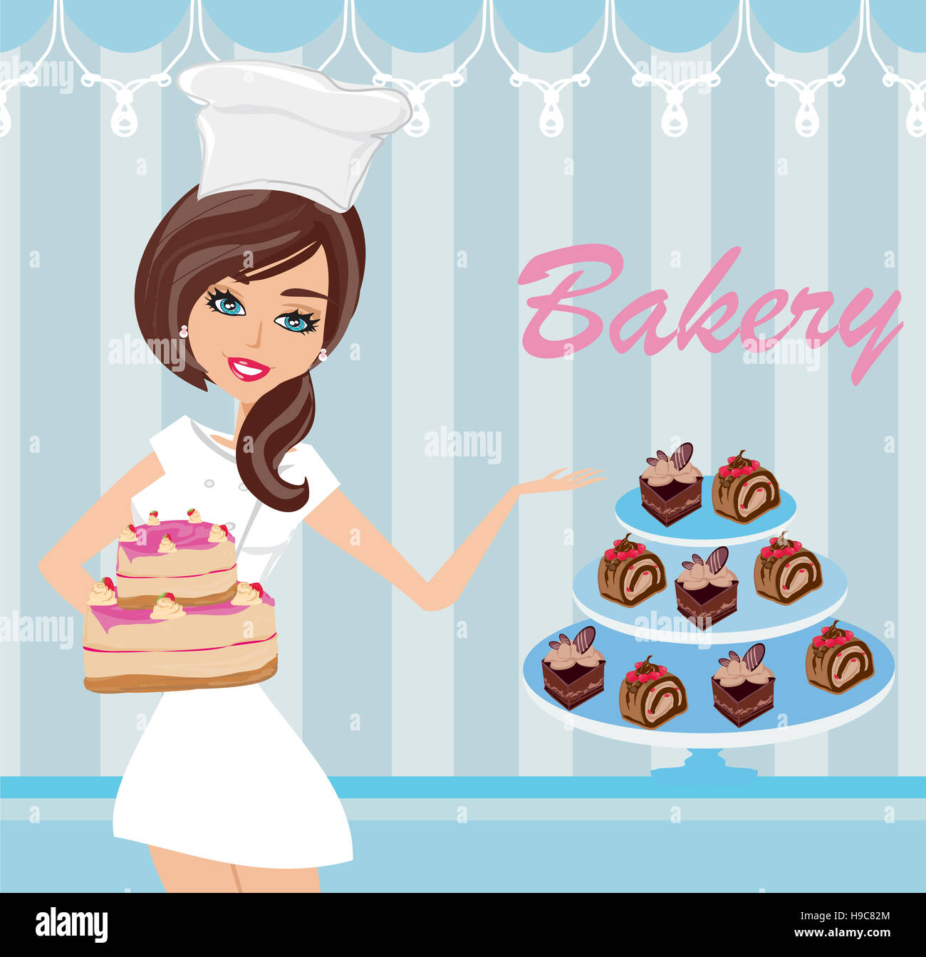 bakery store - saleswoman serving cakes Stock Photo - Alamy